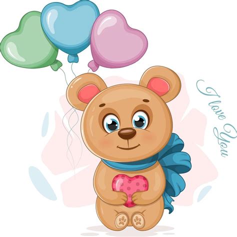 lindo oso de peluche de dibujos animados con un corazón y globos 13709103 Vector en Vecteezy