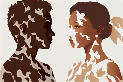 흰색 배경에 백반증 피부를 가진 두 사람의 만화 스타일 삽화는 자신을 사랑합니다 프리미엄 사진
