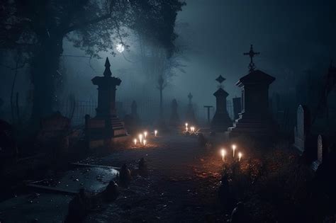 Premium Photo Old Scary Cemetery With Graves And Tombstones At Misty