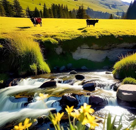 Premium AI Image A Stream Running Through A Field With A Cow In The