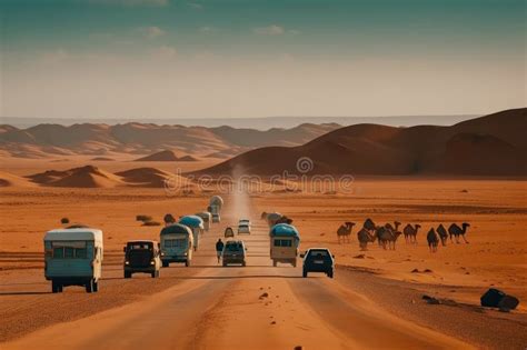 Caravan Approaching Oasis In The Middle Of The Desert Stock
