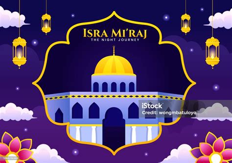 Isra Miraj 벡터 일러스트 레이 션 번역 밤의 여행 예언자 무함마드 이슬람 휴일 평면 만화 배경에 모스크와 랜턴 이스라와