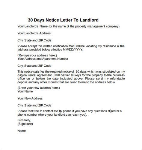 9 Sample 30 Days Notice Letters To Landlord In Word Sample Templates