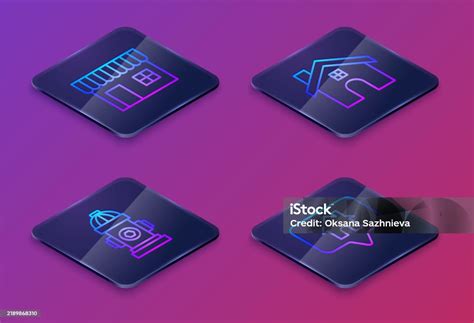 아이소 메트릭 라인 쇼핑 건물 또는 시장 상점 소화전 집 및지도 포인터를 집과 함께 설정합니다 파란색 사각형 버튼입니다 벡터 3차원 형태에 대한 스톡 벡터 아트 및 기타