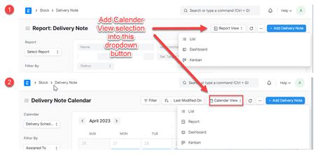 how to show the calendar view in the list view dropdown button