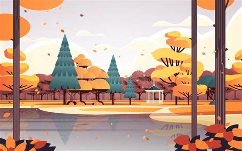 Orange Trees In Public Autumn City Park Horizontal Stock Vector