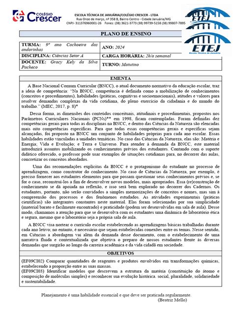 Plano De Ensino 9º Ano Ccrescer 2024 Ciências Pdf Science