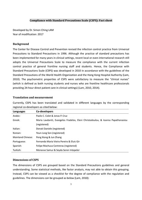 Pdf Compliance With Standard Precautions Scale Csps Fact Sheet
