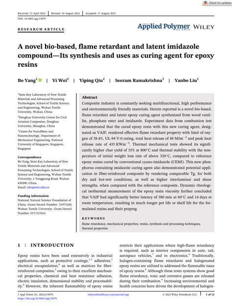 Pdf A Novel Bio‐based Flame Retardant And Latent Imidazole Compound—its Synthesis And Uses As