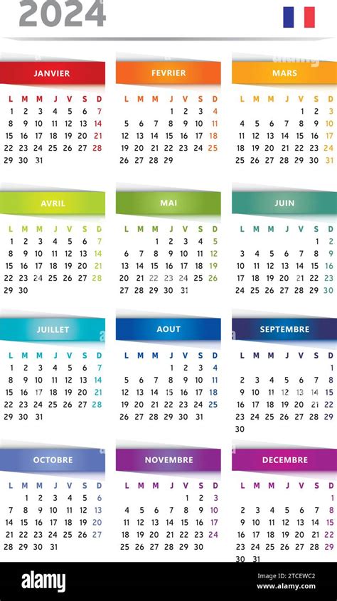 Calendar With Boxes In Rainbow Colors Columns French Language