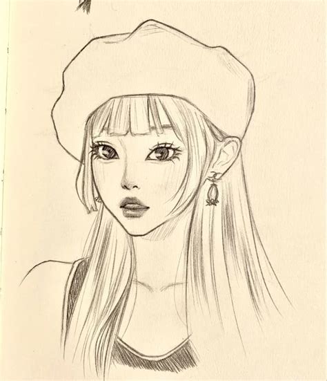 A Drawing Of A Girl With Long Hair Wearing A Hat