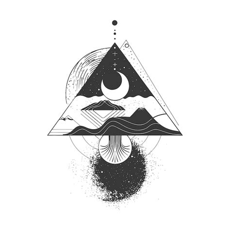 Abstract Geometric Design With Crescent Moon And Mountains Premium Ai