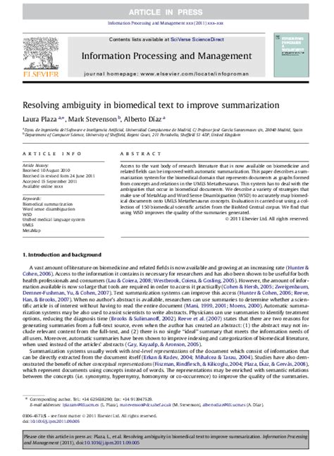 Pdf Resolving Ambiguity In Biomedical Text To Improve Summarization