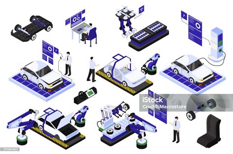 전기 자동차 생산 3d 아이소 메트릭 메가 세트 아이소메트리 그래픽 디자인 로봇 팔 가공 자동차 조립 라인 바퀴 의자 엔지니어 기타의 수집 요소 벡터 일러스트 레이 션
