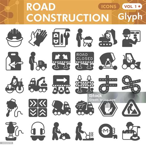 도로 기호 수집 또는 스케치 만들기 웹 및 앱용 글리프 스타일 표지판의 건설 테마 바 흰색 배경에 고립된 벡터 그래픽입니다 아스팔트 포장 기계에 대한 스톡 벡터 아트 및