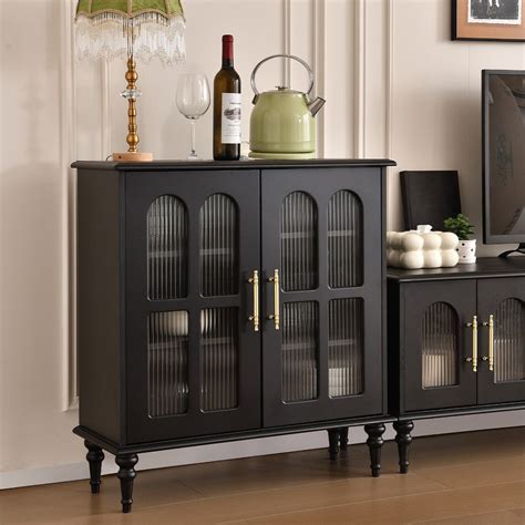 Hernest 315 Mid Century Solid Wood Cabinets With Glass Door Black