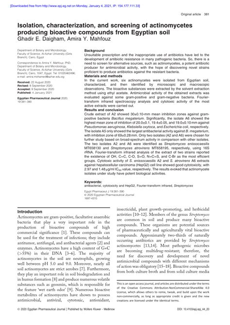 Pdf Isolation Characterization And Screening Of Actinomycetes Producing Bioactive Compounds