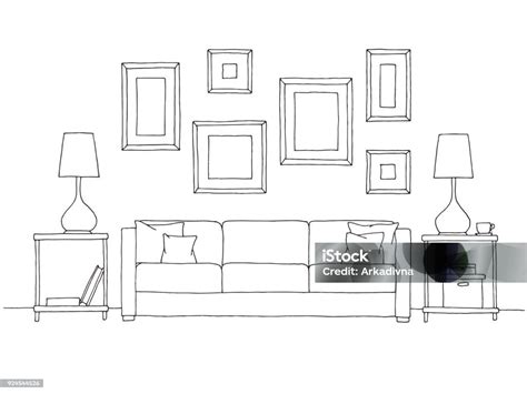 인테리어의 선형 밑그림입니다 손으로 그린 스케치 스타일의 벡터 일러스트 레이 션 거실에 대한 스톡 벡터 아트 및 기타 이미지 거실 소파 외형선 Istock
