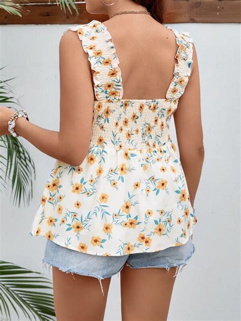 Shein Wywh Plus Débardeur Péplum Imprimé Floral À Plis Mode En Ligne