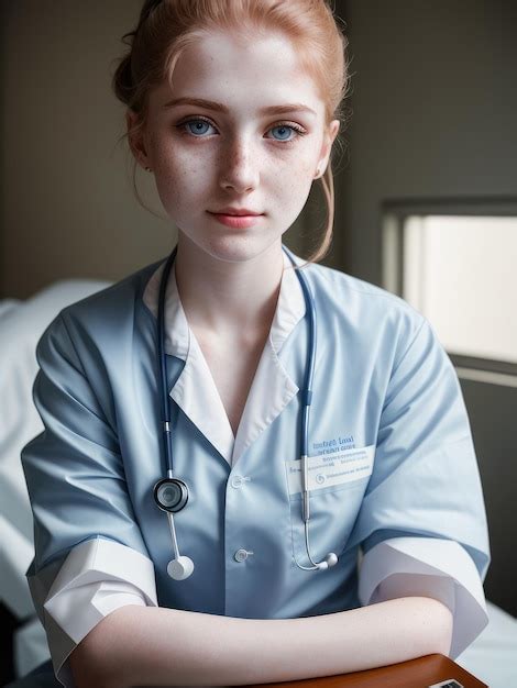 Premium Ai Image A Woman In A Blue Dress With Stethoscope Around Her