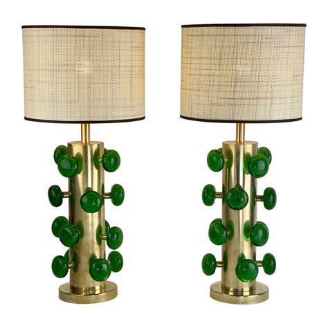Late 20th Century Pair Of Brass And Green Pulegoso Murano Glass Table