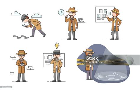 개인 탐정 개념 다른 상황에서 도구를 가진 젊은 만화 형사세트 캐릭터는 자신의 일을합니다 증거를 검색하는 과정 만화 선형 윤곽선