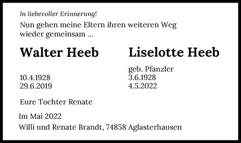 Traueranzeigen Von Liselotte Heeb Trauerundgedenkende