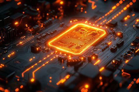Close Up View Of A Glowing Microchip On A Circuit Board Showcasing