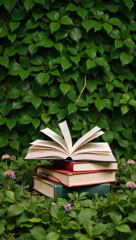 Vibrant Green Backdrop Featuring Stacked Books Among Lush Greenery
