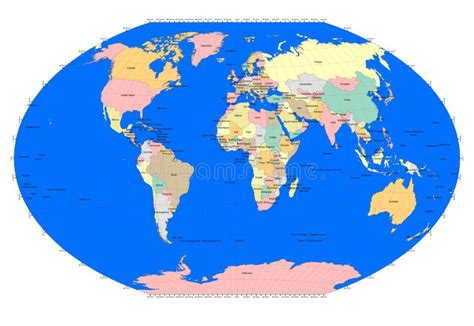 Wereldgebied Met Landen Netlijnen Blauwe Oceanen Stock Illustratie