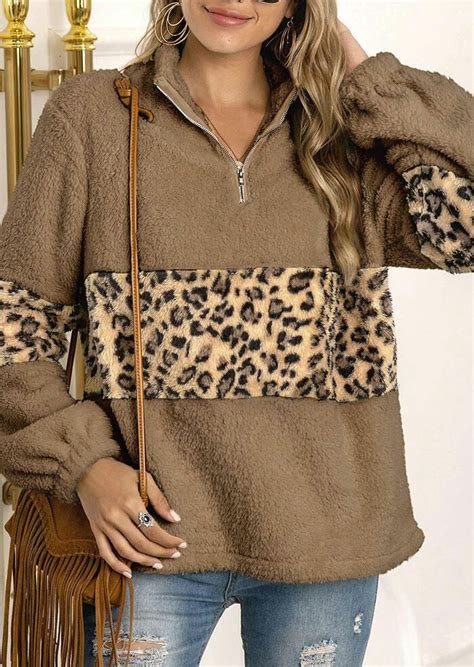 Leopard Splicing Zipper Collar Sweatshirt Brown