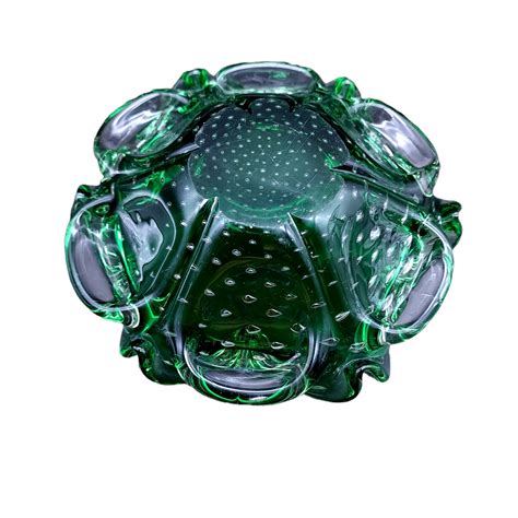 Murano Crystal Venetian Art Glass Emerald Ashtray With Concentric Bubbles
