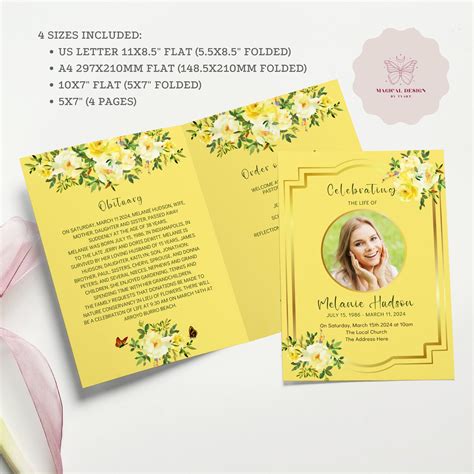 Editable Golden Yellow Funeral Program Template For Women 4 Page