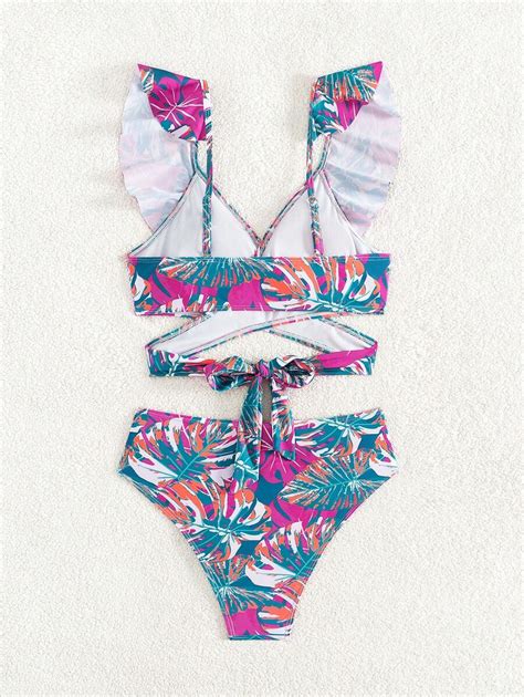 Shein Swim Summer Beach Tropical Printed Two Piece Swimwear Set For