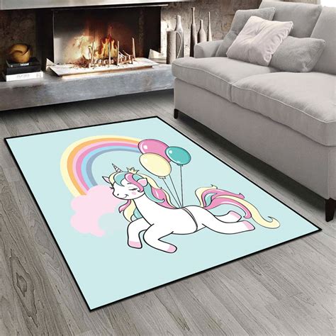 قیمت و خرید فرش اتاق دختر طرح یونیکورن و رنگین کمان زمینه آبی Cs 1023 چاپ دی تولید کننده فرش