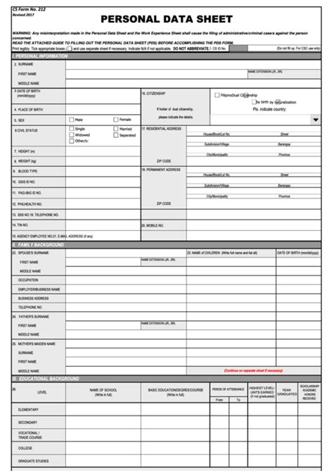 Personal Data Sheet Form Printable Printable Form 2024