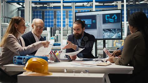 Engineers Study Detailed Schematics Of Solar Panel Assembly Lines In