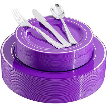 Amazon FOMOICA Purple Plastic Plates And Purple Silver Silverware Piece Disposable