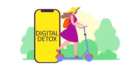 디지털 디톡스의 개념 한 여자가 공원에서 스쿠터를 타고 전화기 없이 시간을 즐긴다 흰색 배경에 고립 된 평면 벡터 일러스트 레이 션 Brand Name Smart Phone