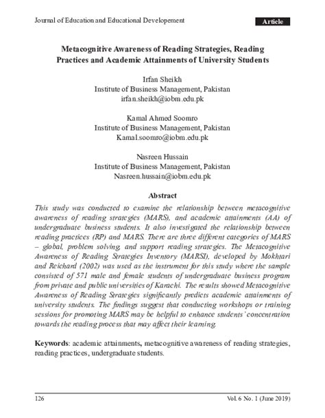 Pdf Article Journal Of Education And Educational Developement Metacognitive Awareness Of