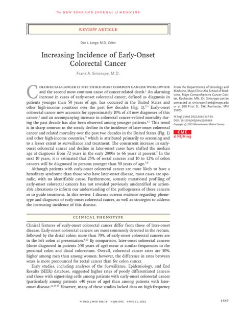 Increasing Incidence Of Early Onset Colorectal Cancer Pdf