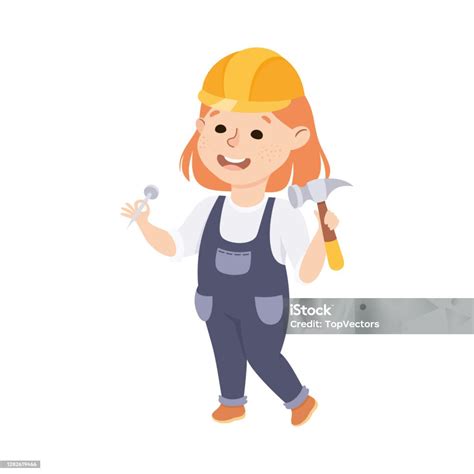 망치와 손톱 귀여운 빌더 하드 모자와 건설 도구 만화 스타일 벡터 일러스트와 블루 바지에 어린 소녀 망치에 대한 스톡 벡터 아트