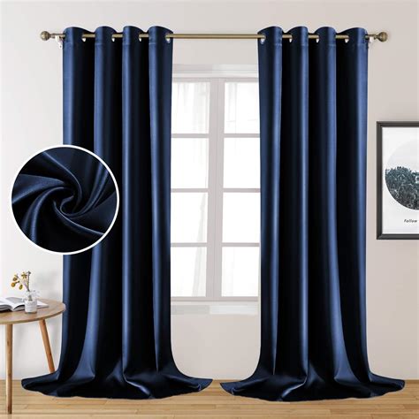 Homeideas Navy Curtains Faux Silk Blackout Curtains 2 Panels For