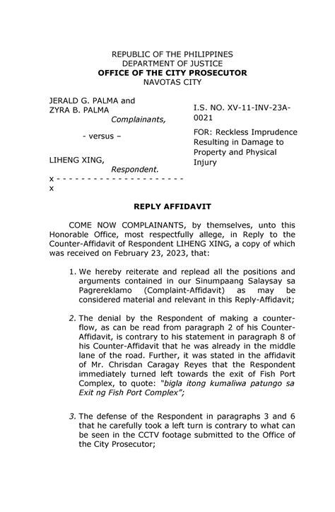Reply Affidavit Palma Republic Of The Philippines Department Of