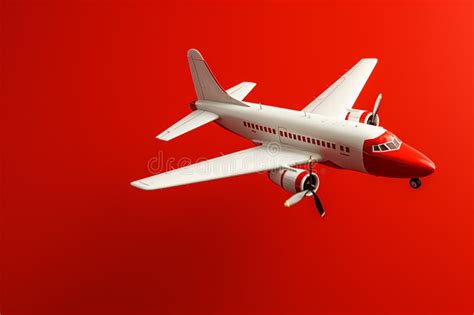 White Model Plane Against A Vivid Red Backdrop Ready For Text Stock