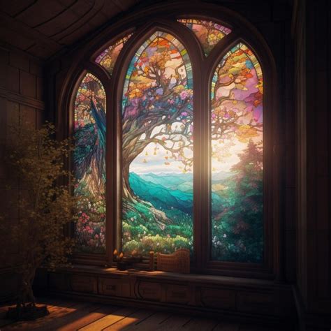 Premium Photo There Is A Large Window With A Tree In It And A Bench