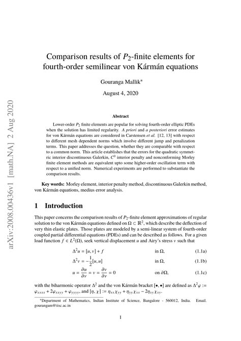 Pdf Comparison Results Of P 2 Finite Elements For Fourth Order Semilinear Von Karman Equations