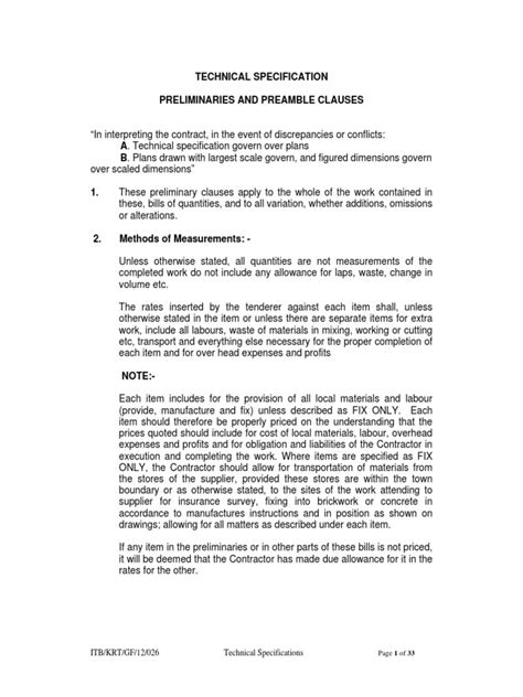 Technical Specification Preliminaries And Preamble Clauses Pdf