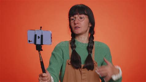 Woman Traveler Blogger Taking Selfie On Mobile Phone Communicating