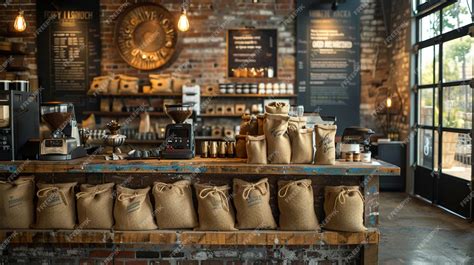 Premium Photo Artisan Coffee Roaster With Exposed Brick And Burlap Coffee Bags